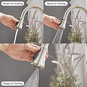 Kitchen Faucet Brushed Nickel with Pull Out Sprayer Commercial High Arc 3 Functions Farmhouse Faucet for Kitchen Sink Single Handle Single Hole with Deck Plate Kitchen Faucets by BWE