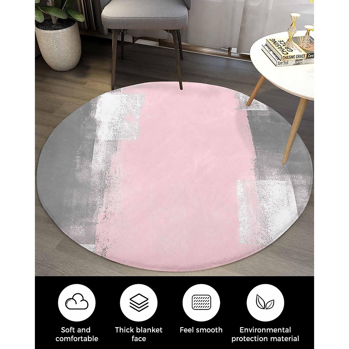 Contemporary Fluffy Round Area Rug Carpets 3.3ft, Plush Shaggy Carpet Soft Circular Rugs, Non-Slip Fuzzy Accent Floor Mat for Living Room Bedroom Nursery Pink Grey Abstract Minimalist Painting Art