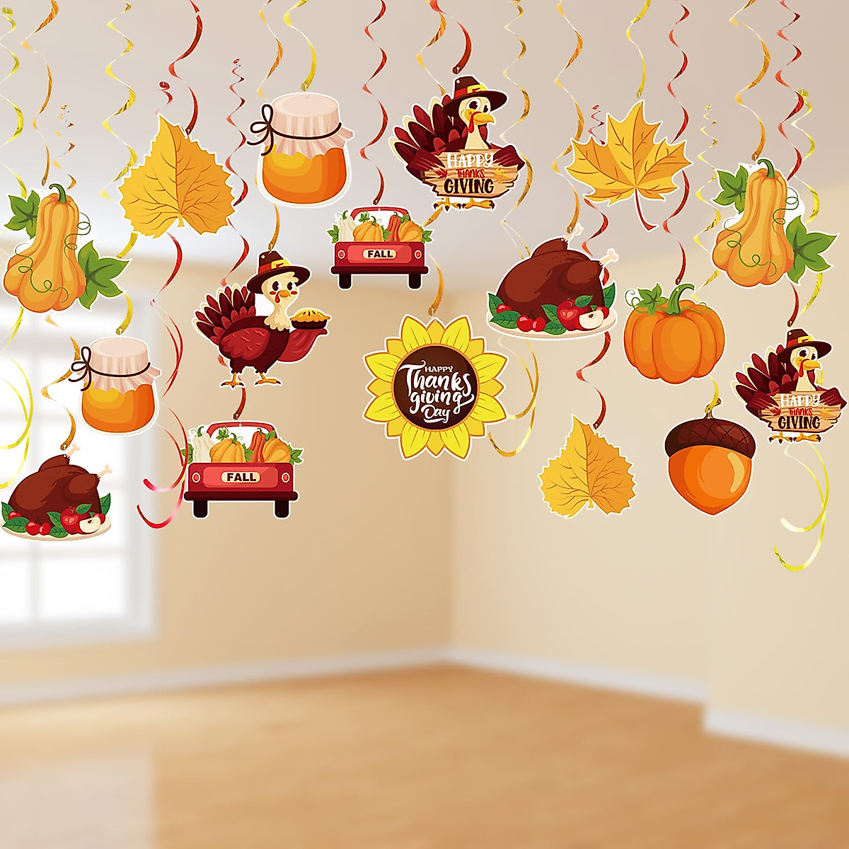 DERAYEE 30Pcs Thanksgiving Party Hanging Decorations, Thansgiving Hanging Swirls Maple Leaves Turkey Pumpkin Foil Ceiling Swirls for Home Office Classroom Autumn Harvest Decor