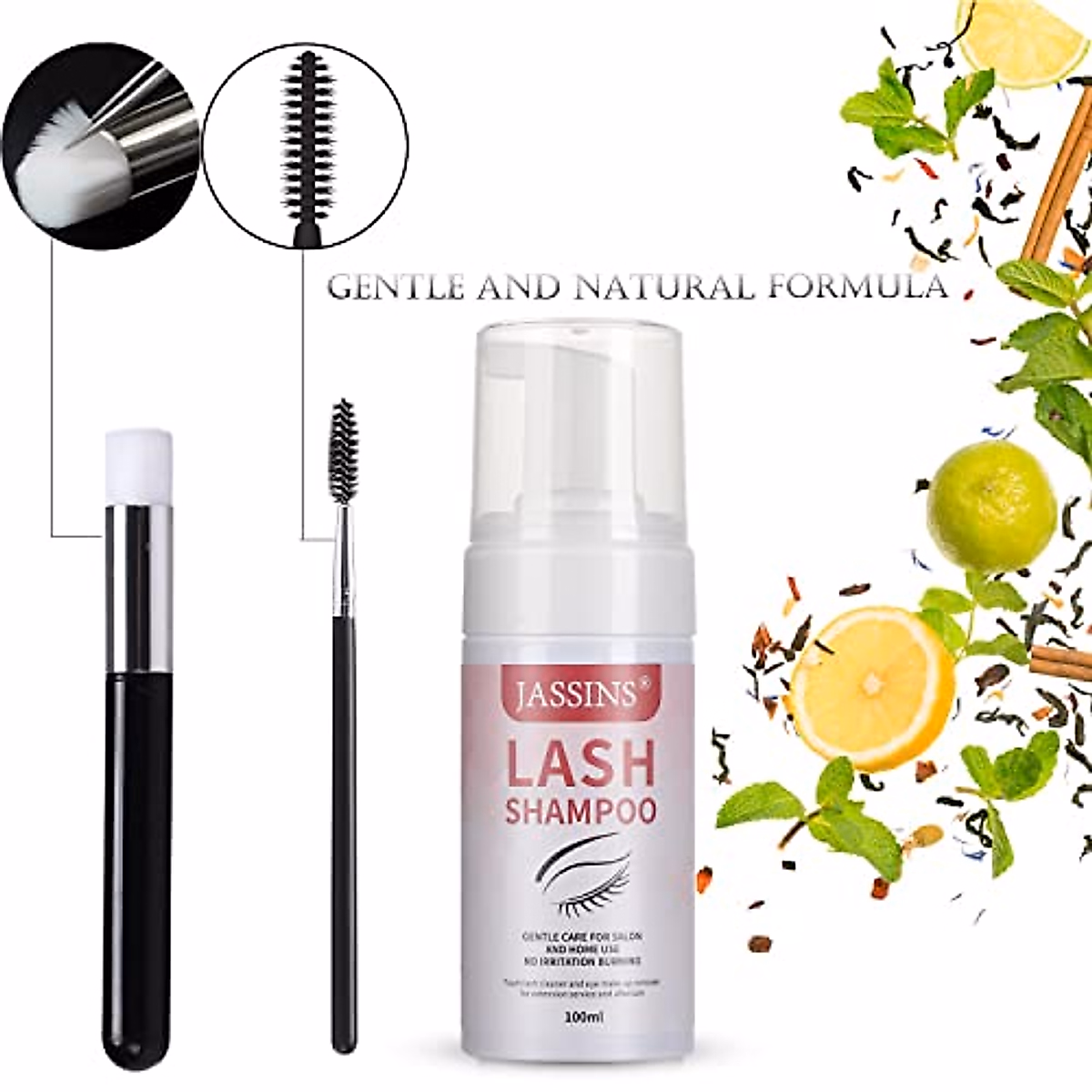 JASSINS Lash Shampoo for Lash Extensions, Eyelash Extension Cleanser Kit,100ml Shampoo/Cleaning Brush/Rinse Bottle/Mascara Brush/Eye Pads,No stimulation,For Professional & Self Use