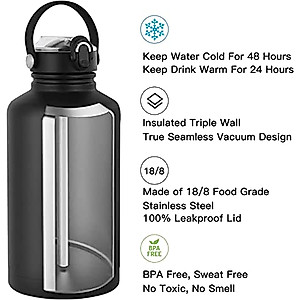 FEWOO Insulated Water Bottle 64 oz, Half Gallon Stainless Steel Water Flask, Double Wall Vacuum Metal Water Jug with Straw Leakproof Sport Lid and Straw Lid for Hiking Camping (64oz, BLACK)
