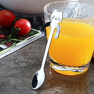Cat Spoon Coffee Tea Spoon Set, ESRISE Stainless Steel Hanging Cup Teaspoons Demitasse Mini Long Cute Kitten Stirring Spoon for Dessert Drink Mixing Milkshake (Silver)