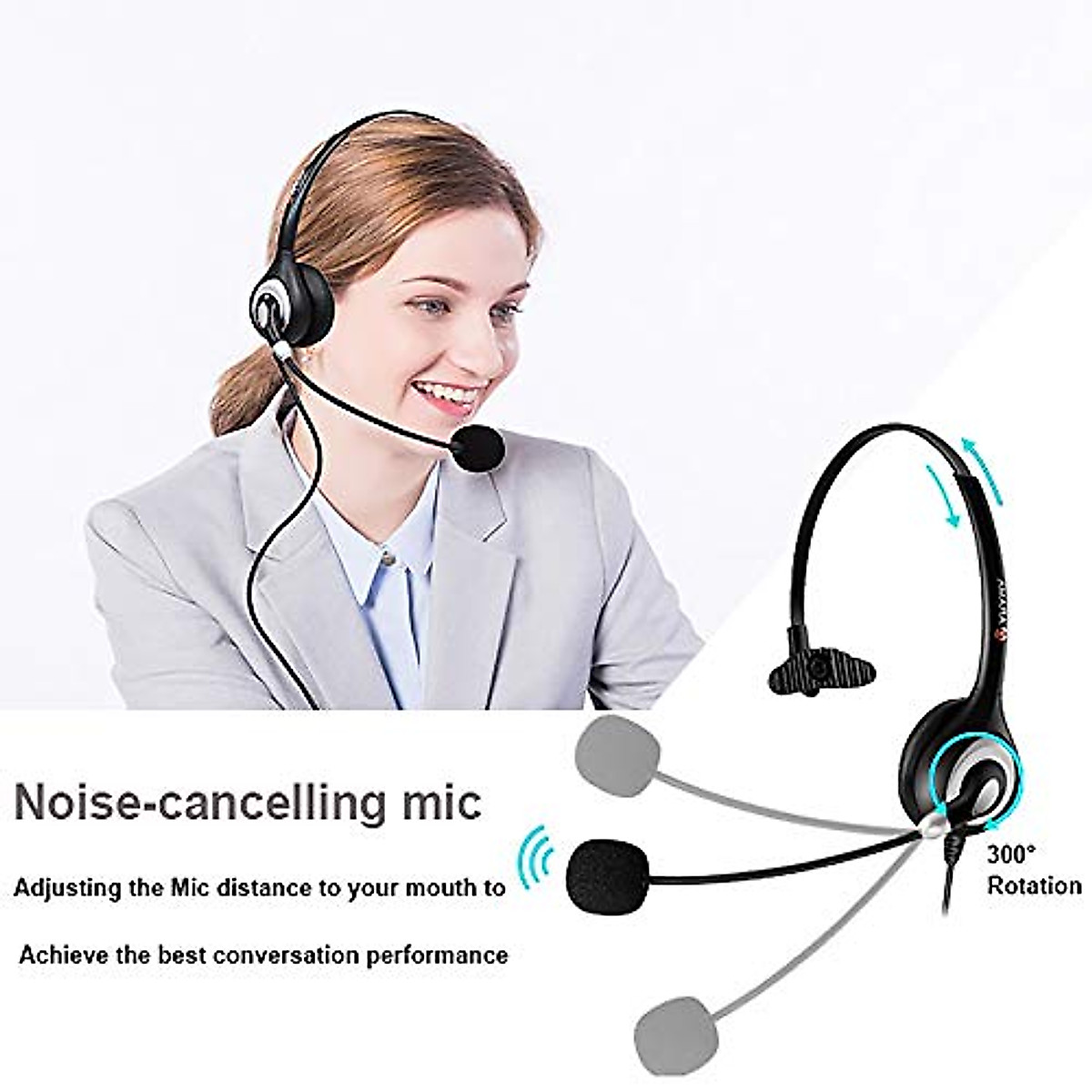 Phone Headset 2.5mm with Noise Canceling Mic & Mute Switch Telephone Headset for Panasonic AT&T Vtech Uniden Cisco Grandstream Cordless Phones