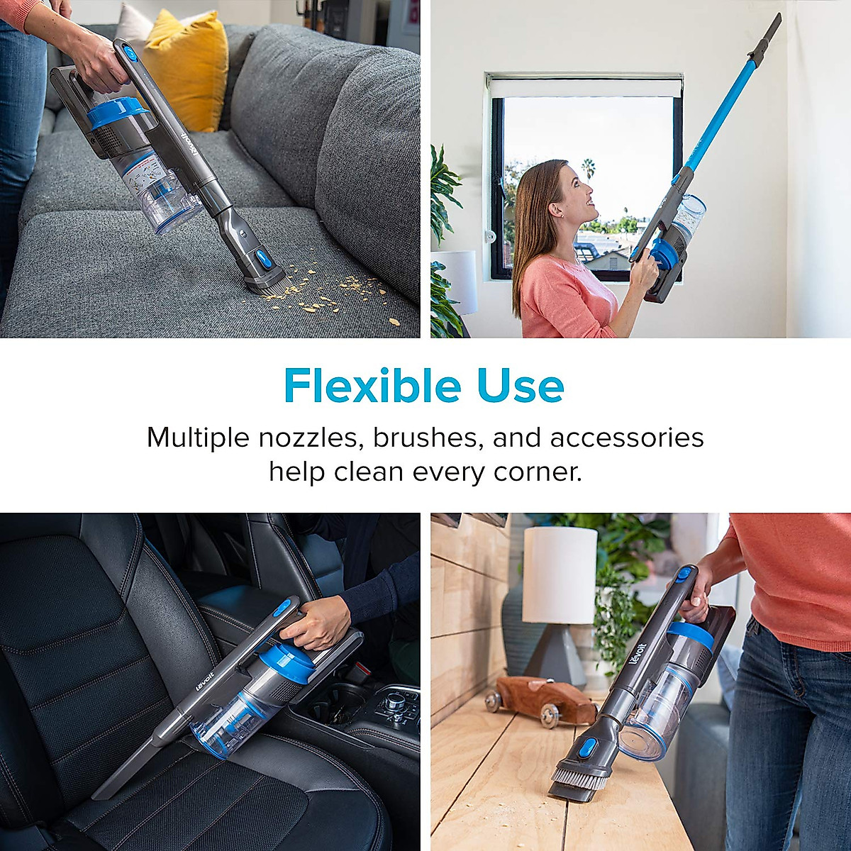 LEVOIT Cordless Vacuum Cleaner, Stick Handheld Lightweight Vacuum with 150W Powerful Suction for Hardwood Floor Pet Hair Carpet Car, Rechargeable Lithium Ion Battery and LED Brush, Blue & Gray