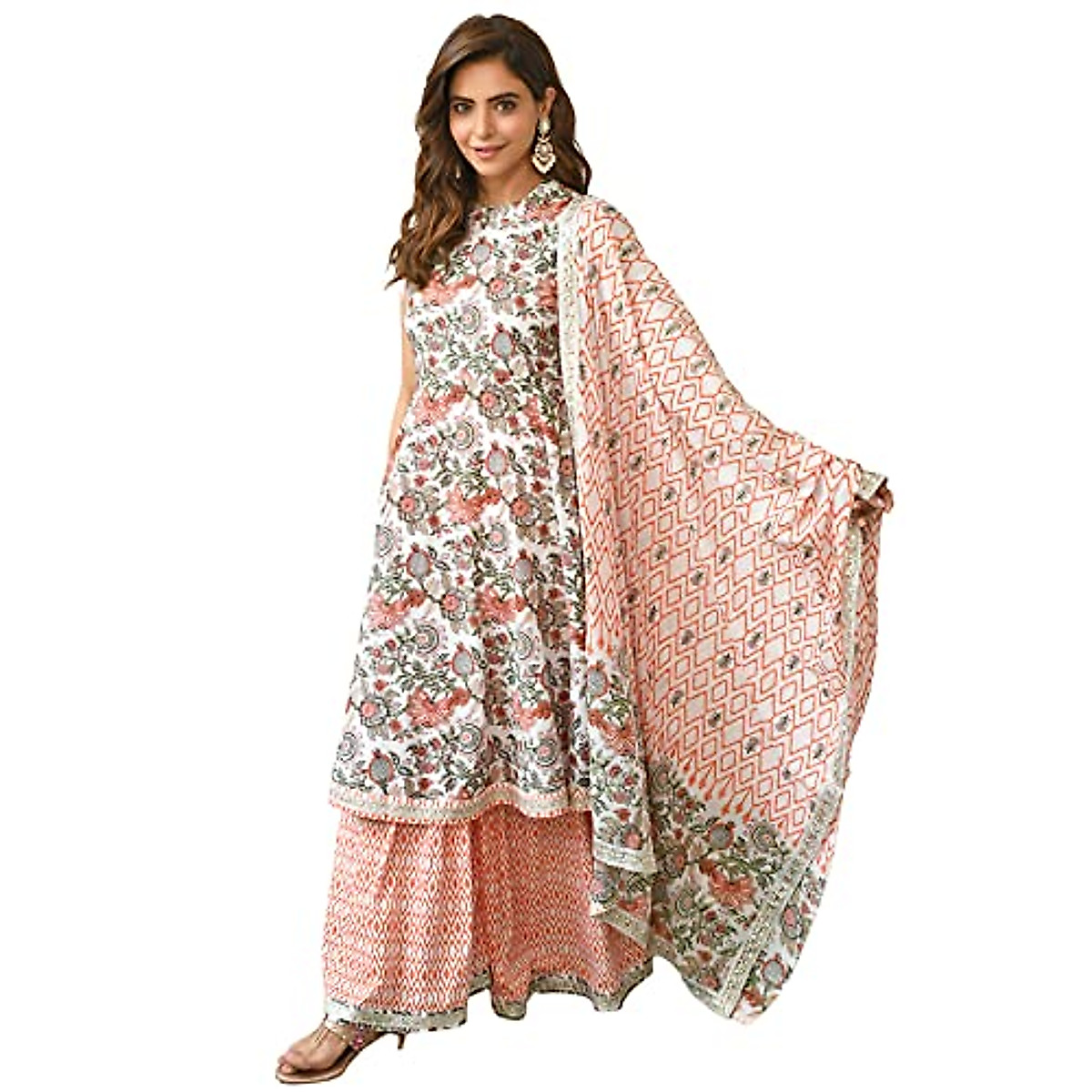 Janasya Indian Women's White Cotton Floral Block Print Kurta with Sharara and Dupatta(J0472-KR-SHA-L)