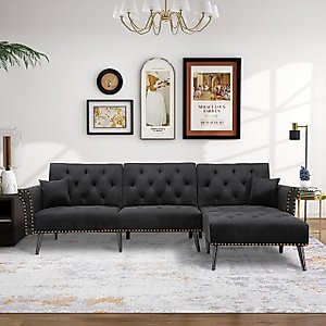 POCIYIHOME Sectional Sofa Right Hand Facing Velvet Button Tufted, L Shape Chaise with Nail Head Detail, Modern 4-Seater with Seat Cushion & Wood Leg, 2 Pillows, Couch for Living Room,Office, Black