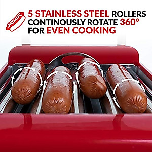 Nostalgia Coca-Cola Holds 8 Regular Sized or 4 Foot Long Hot Dogs and 6 Bun Capacity, Stainless Steel Rollers, Perfect For Breakfast Sausages, Brats, Taquitos, Egg Rolls, Yellow, Red/White