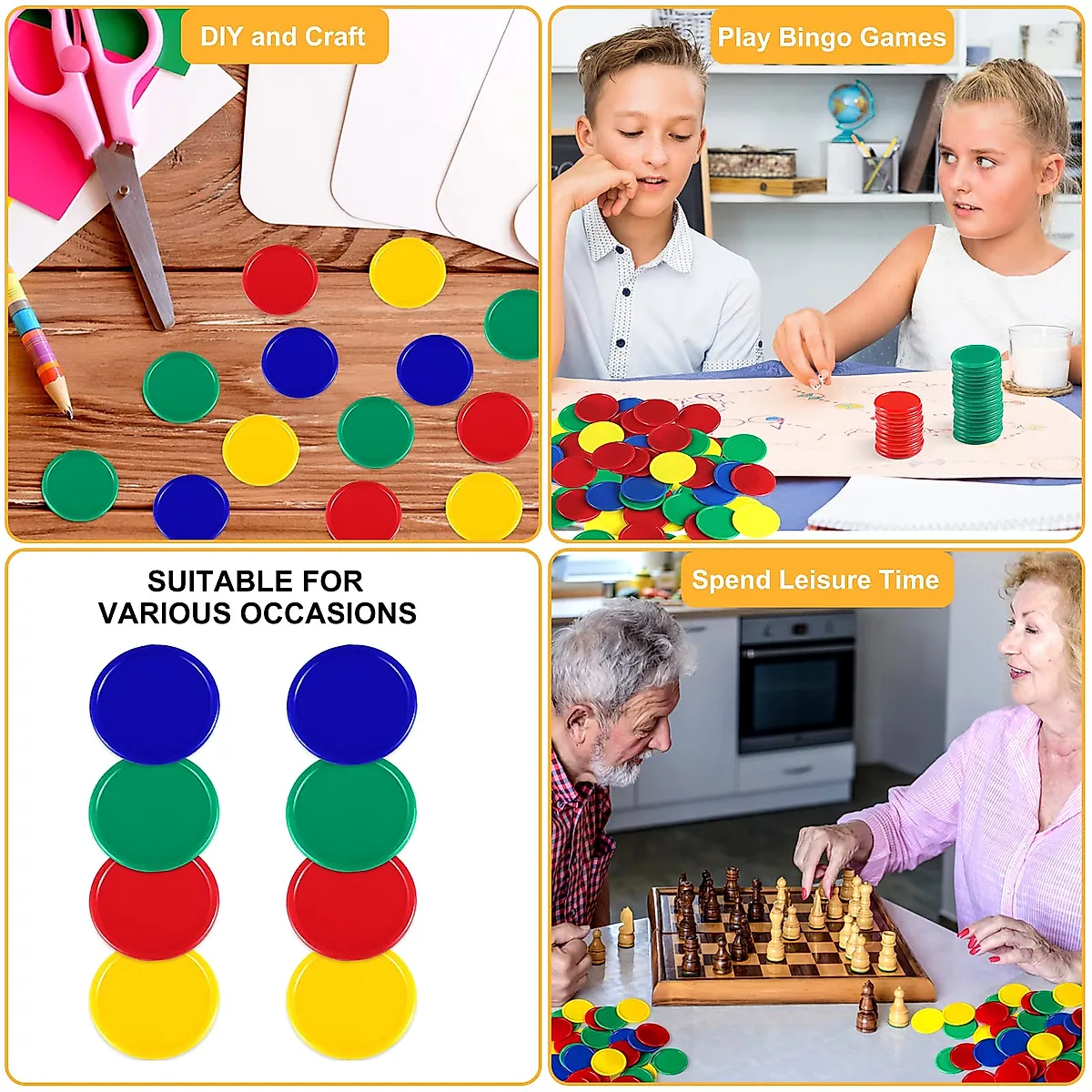 Coopay 1 1/2 Inches Plastic Poker Chips Learning Counters Disks Bingo Chip Counting Discs Markers for Math Practice and Poker Card Game Tokens, Teaching Rewards, 200 Pieces (Red, Green, Blue, Yellow)