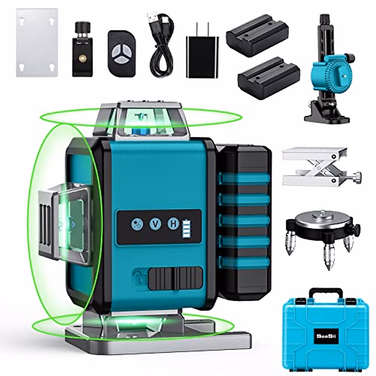 Seesii laser level,16 Lines Green Electronic Self Leveling Tool 4D Four-Plane Leveling and Alignment Line Laser Level Outdoor Pulse Mode-Rechargeable Battery, Portable Toolbox LL110