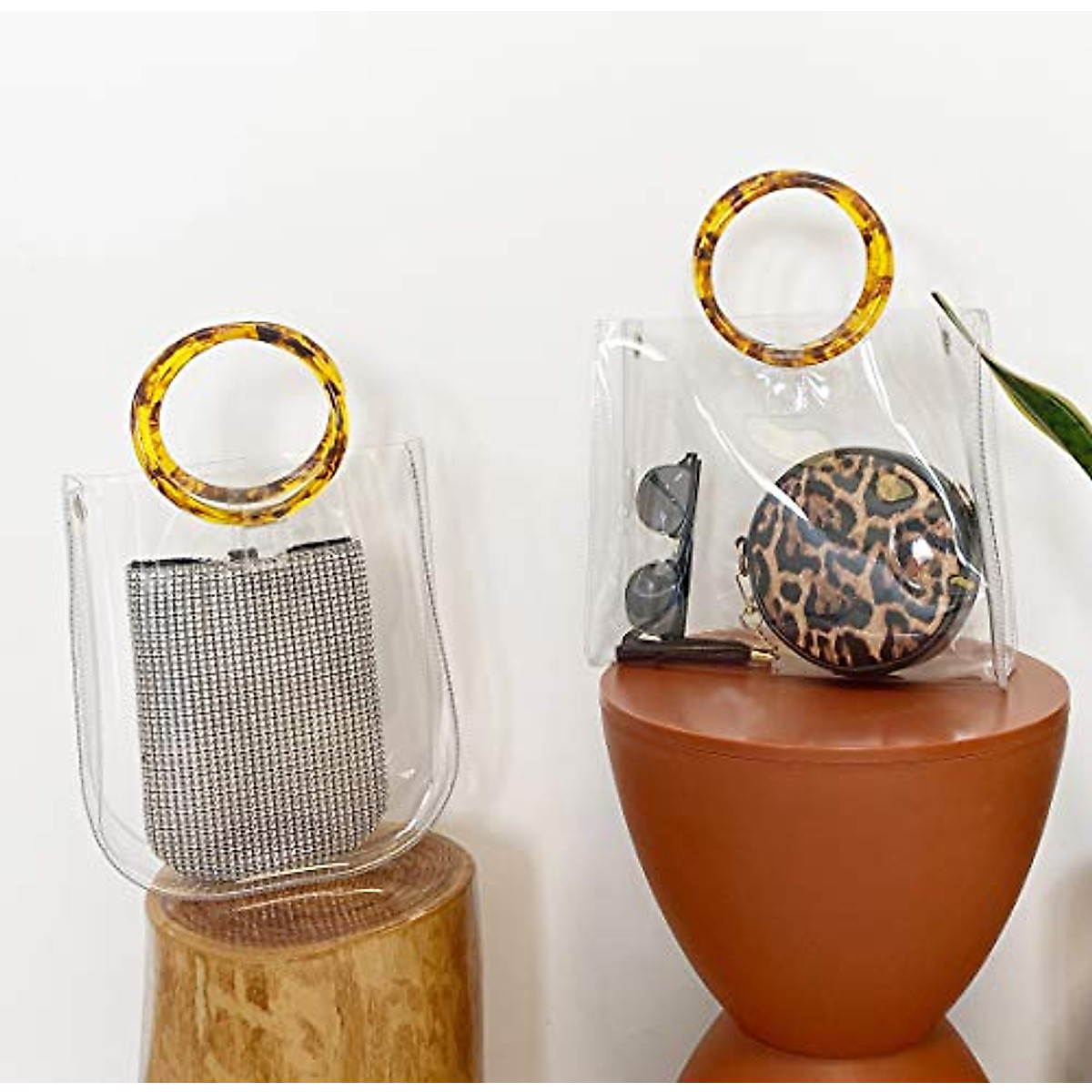 Round Handle Clear Handbag Women PVC Tote tortoiseshell Top Handle Bag (Square)