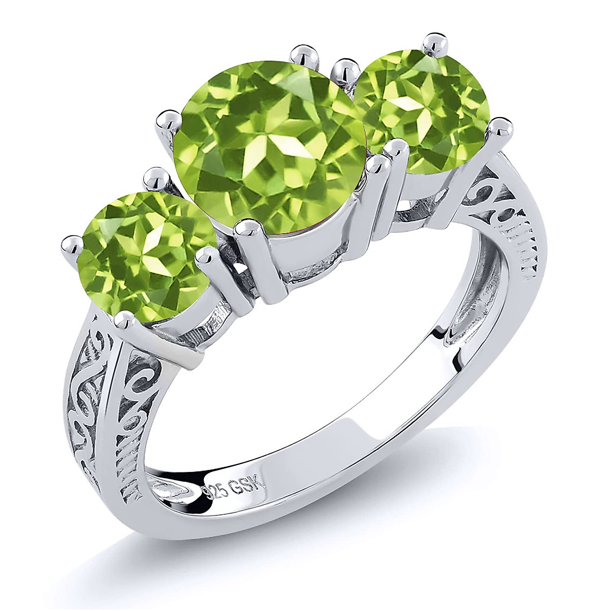 Gem Stone King 2.35 Cttw Round Green Peridot 3-Stone Ring In 925 Sterling Silver | 3 Stone Wedding Engagement Anniversary Promise Ring For Women | Available In Size 5, 6, 7, 8, 9