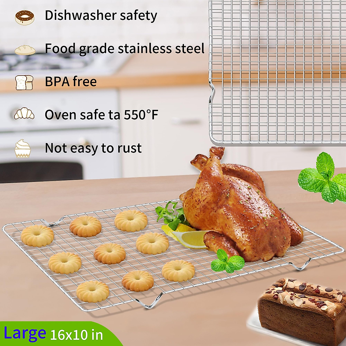 UOUYOO Cooling Rack for Baking, Set of 2 Stainless Steel, 16x10 Inches Baking Rack Oven Safe Grid Wire Racks for Roasting, Grilling, and Drying, Oven Safe and Dishwasher Friendly