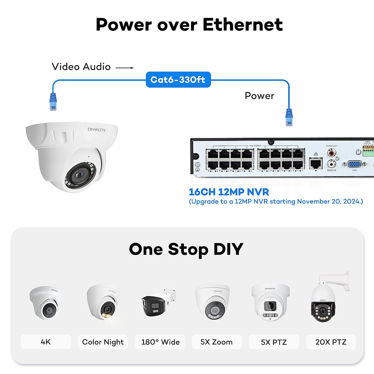 ONWOTE PoE Security Camera System 16 Channel, 12MP 4K 16CH Commercial NVR 4TB, 8X 6MP Outdoor 122° IP Cameras Wired, AI Detect Human Vehicle, 24/7 Video Audio Recording CCTV for Home Businesses