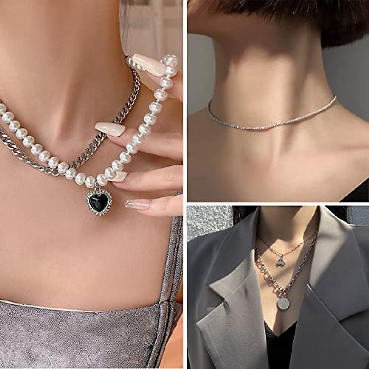 IFKM 36 PCS Silver Plated Jewelry Set with 3 PCS Necklace, 12 PCS Bracelet, 7 PCS Ear Cuffs Earring, 14 Pcs Knuckle Rings for Women Girls Valentine Anniversary Birthday Friendship Gift