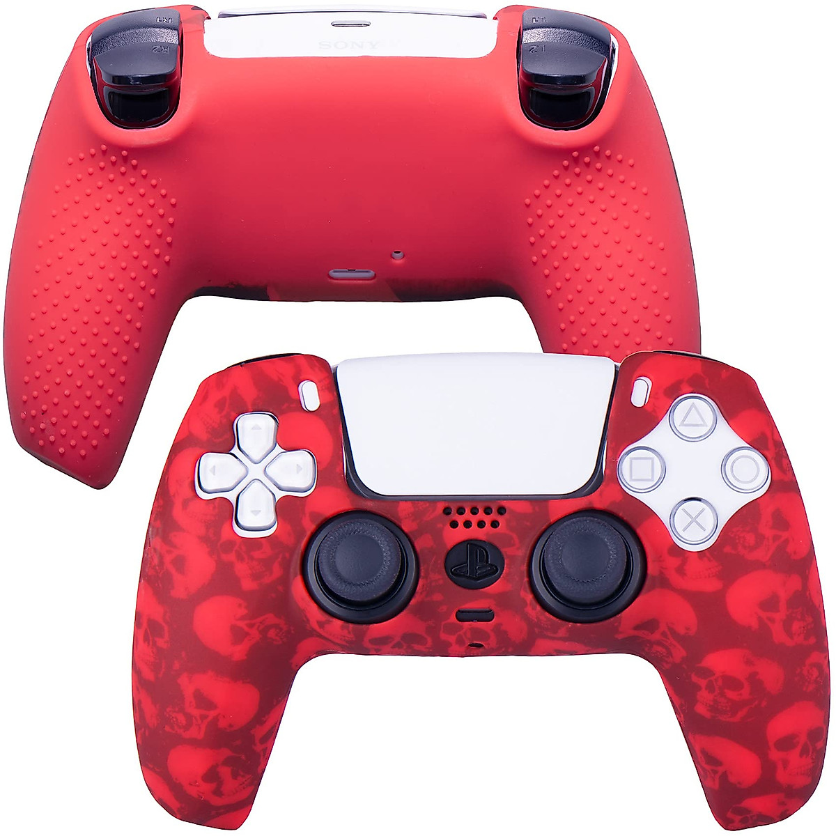 9CDeer 1 Piece of Silicone Transfer Print Protective Cover Skin + 10 Thumb Grips for PlayStation 5 / PS5 Controller Skull Red
