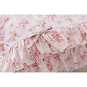 LELVA Romantic Roses Print Duvet Cover Set with Bed Skirt Pink Lace Ruffle Floral Shabby Chic Bedding Sets Queen 4 Piece