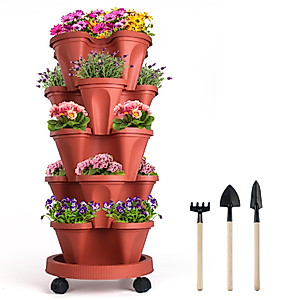 DUNCHATY Stackable Planter with Removable Wheels and Garden Tools, Garden Planting Tower Planters, Indoor Outdoor Gardening Pots - 5 Tier Vertical Garden Planter