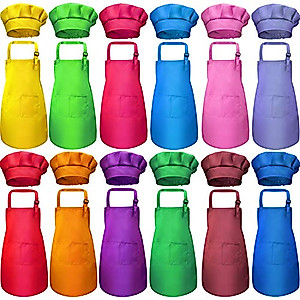 SATINIOR 12 Pieces Kids Apron and 12 Pieces Chef Hat, Child's Adjustable Aprons and Chef Hat Kitchen Bib Aprons with 2 Pockets for Boy Girls Kitchen Cooking Baking Wear(Multi-colors, L for 7-13 Age)