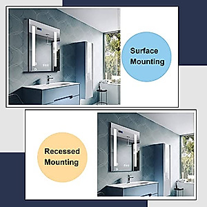 FRALIMK Recessed or Surface LED Medicine Cabinet, Lighted Mirror Cabinet with Lights, 24x30 in Bathroom Wall Cabinet with Defogger, Dimmer, Date/Time & Room Temp Display, 3X Makeup Mirror, Outlets