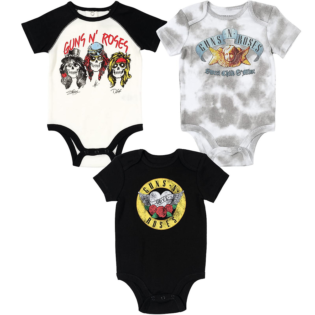 Guns N' Roses Baby Boys 3 Pack Raglan/Tie Dye Baby Short Sleeve Bodysuits black/white 3-6 Months