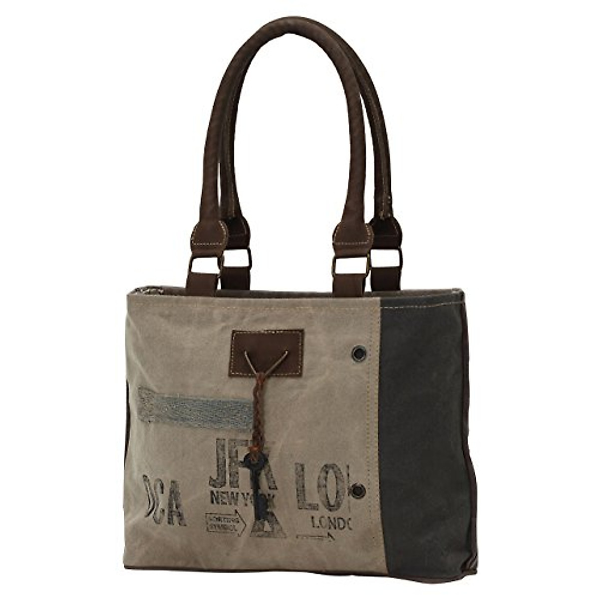 Myra New"Trendy" NY Vintage Handbag, Genuine Leather Accents. Enough room for your personal essentials., Kahki and Army Green, 36 X 8 X 24 cm