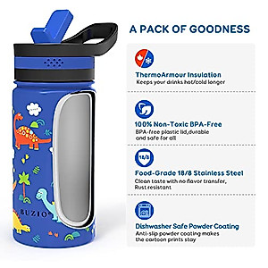 BUZIO Insulated Water Bottle for Kids, Modern Vacuum Insulated Hydro Bottle with 2 Straw Lids, 14oz Double Walled Wide Mouth Sports Drink Flask with Blue Dinosaur Park, Simple Thermo Canteen Mug Cup
