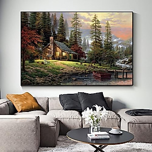 Stamped Cross Stitch Kits for Adults Beginners Forest Farm Farmhouse Boat Pattern 11CT Pre-Printed Fabric Embroidery Arts and Crafts Kit Needlepoint Starter DIY Wall Decor, 12 x 16 inch