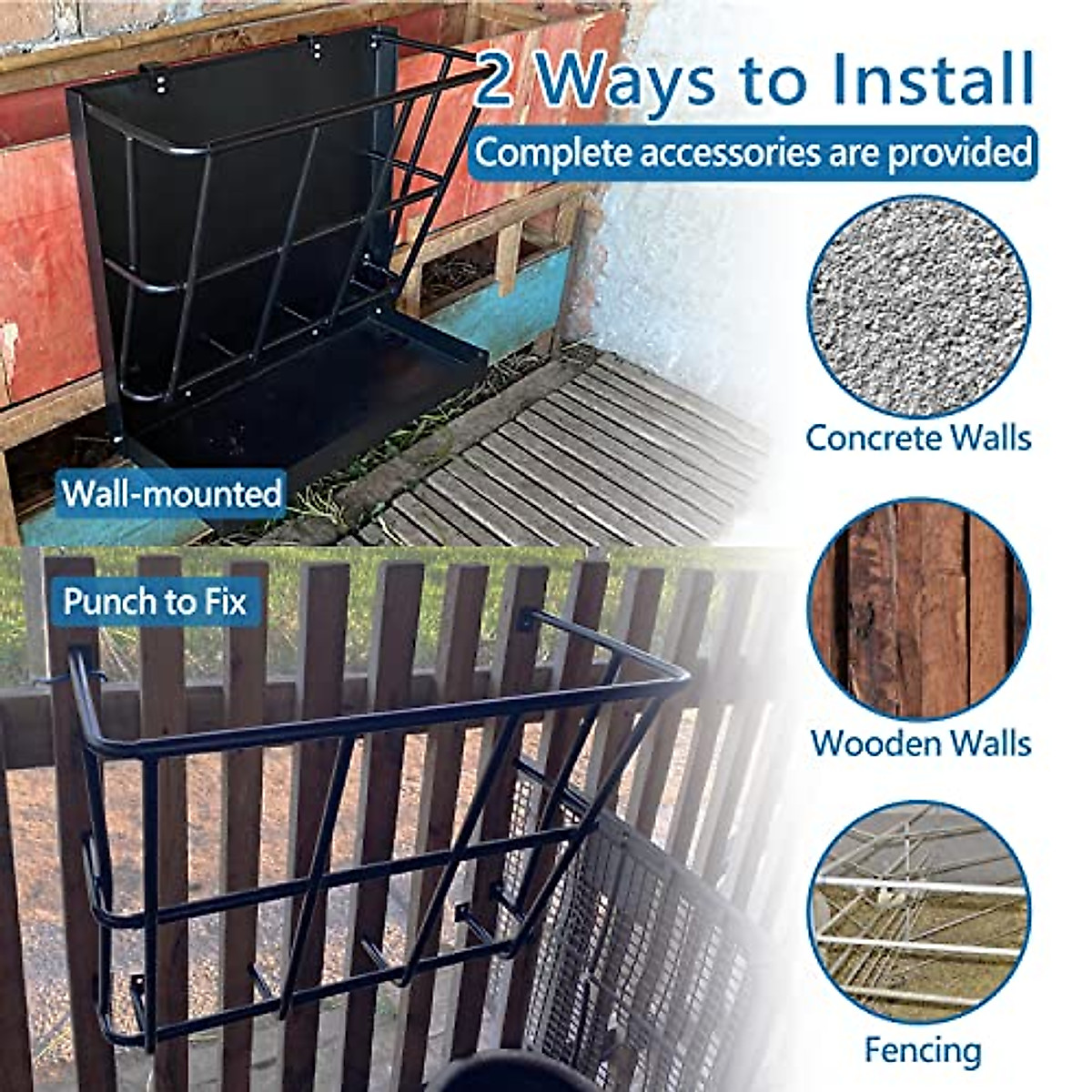 QVQE Hay Feeder Goat, 18 Gallon Multiple Sided Goat Hay Rack, Heavy Duty Iron Wall Hay Rack for Sheep with Detachable Grain Tray, Effortless Installation in Farm, Yield… (2 in 1)