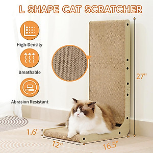 VARLNALY L-Shape Cat Scratcher, 27 Inch Cat Scratching Pad,Cute Cat Cardboard Scratcher for Indoor Cats, Protecting Furniture Vertical Kitty Scratch Lounge with Ball Toy Large
