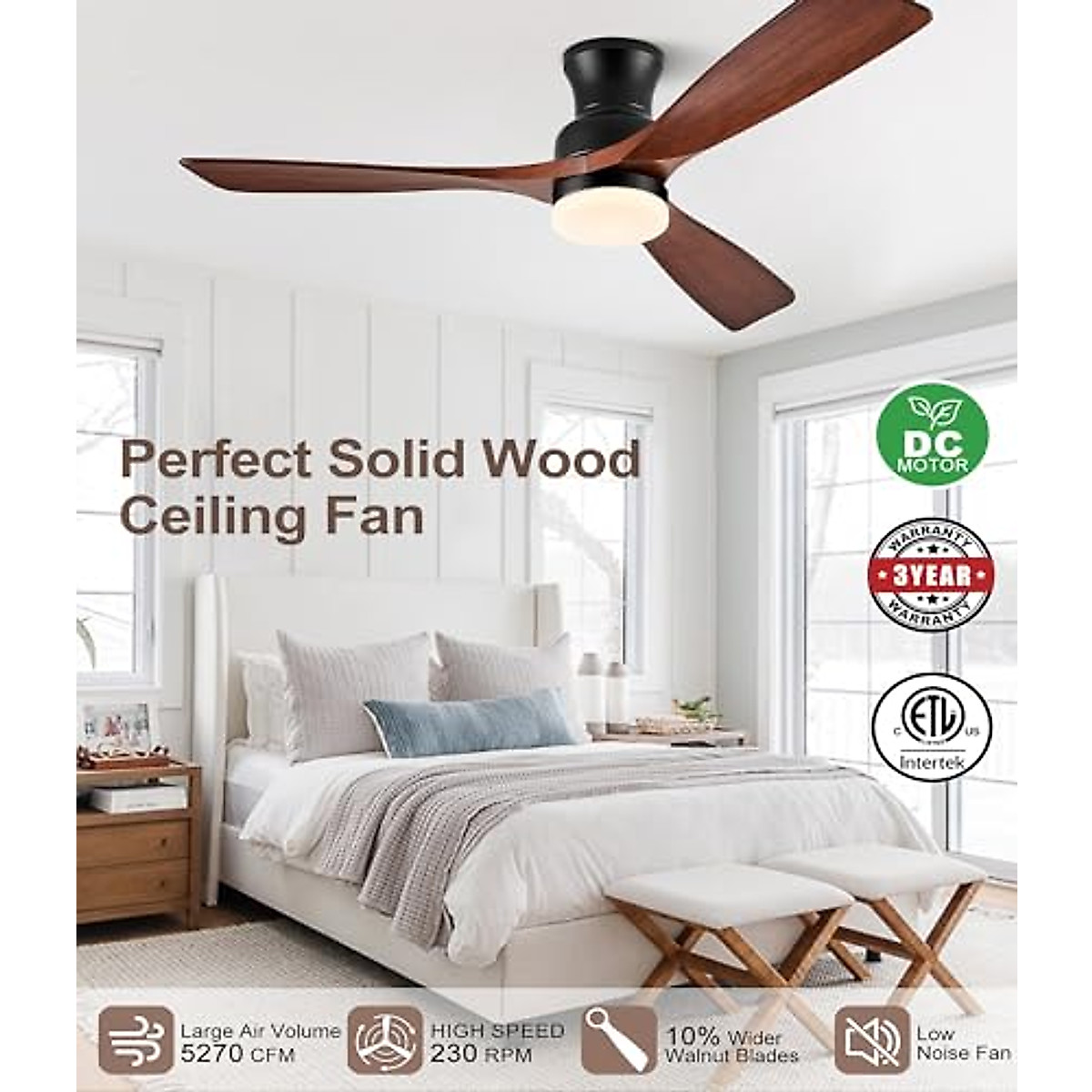 BOOSANT 60" Flush Mount Ceiling Fan with Lights, 60 Inch Ceiling Fans with Remote Control, Low Profile Ceiling Fan for Outdoor Patios, Hugger Ceiling Fan, Quiet Reversible DC Motor (Dark Walnut)