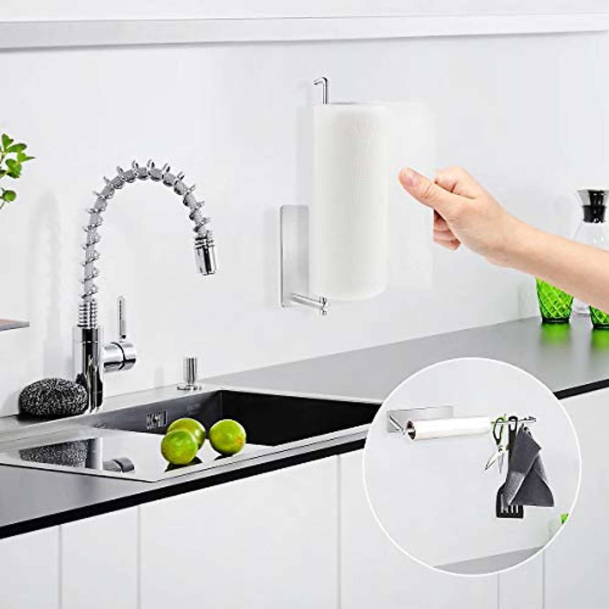 Paper Towel Holder Under Cabinet Mount- Self Adhesive Paper Towel Roll Rack for Kitchen Bathroom Towel, 12 Inch Rolls Wall Mounted & Drilling with Screws, 304 Stainless Steel (Silver, 15)