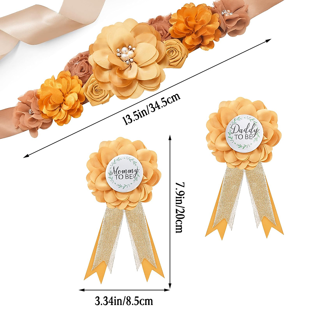 SKJIAYEE Gold Brown Maternity Sash Baby Shower Decorations, Mom to Be & Daddy to Be Corsage for Gender Reveal Party Supplies Belly Belt Gift Keepsake Pregnancy Photo Props (Pure Handmade)