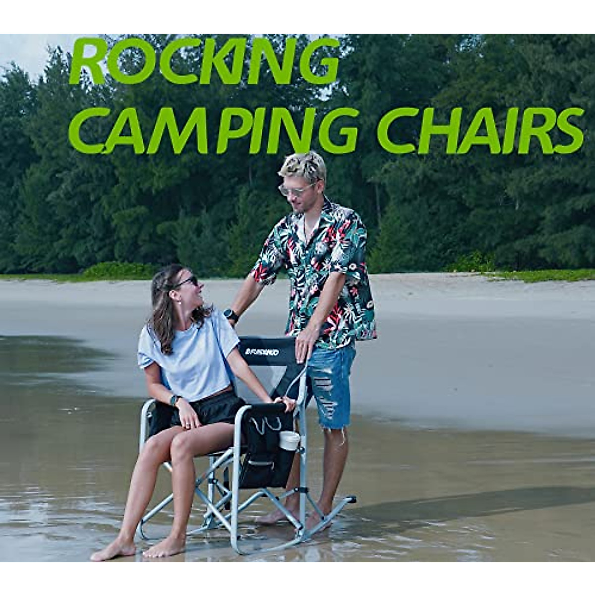 FUNDANGO Camping Rocking Chairs Portable Outdoor Rocker Director Chair with Carry Bag for Outdoor, Porch, Backyard, Patio, Lawn, Garden（Black/Grey）