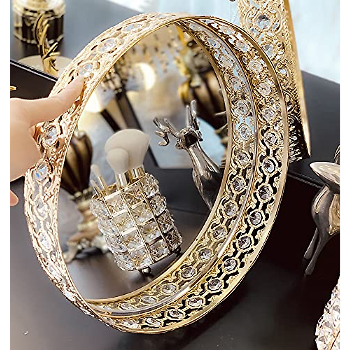 ELLDOO Crystal Mirror Vanity Tray - 9.8" Round Jewelry Trinket Tray Gold Decorative Tray for Dresser Glass Makeup Tray Bathroom Tray Storage Perfume Organizer for Bedroom
