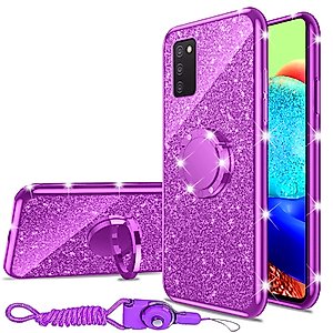 for Samsung A03S Case, Galaxy A03S Case Luxury Cute Soft TPU Silicone Glitter Cover for Girls Women with Diamond Ring Stand Bumper Shockproof Full Body Protection Case for Samsung Galaxy A03S - Purple