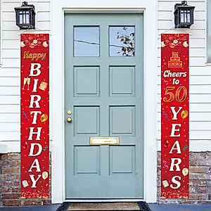 Happy 50th Birthday Porch Sign Door Banner Decor Red – Cheers to 50 Years Old Party Theme Decorations for Men Women Supplies