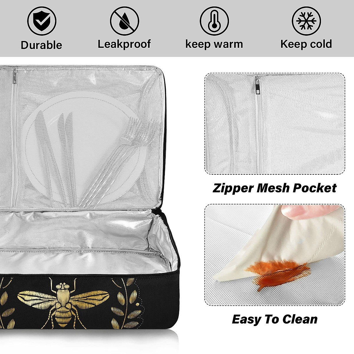 susiyo Insulated Casserole Carrier for Hot or Cold Food, Thermal Lunch Tote for Potluck Parties, Picnic, Beach, Fits 9 x 13 Inches Baking Dish, Travel Carry Bag Embroidered Bee Leaves Print