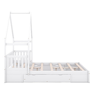 SOFTSEA Queen Size House Bed for Kids, Floor Bed Frame with 2 Storage Drawers, Low Wood Bed Frame with Guardrails and Roof, House Shaped Bed for Kids, White