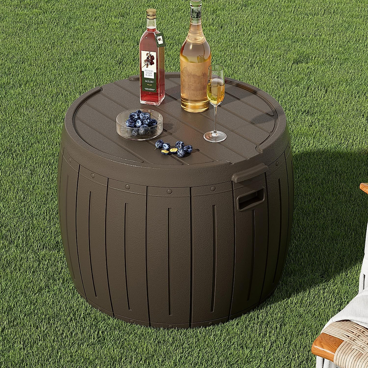 ZZM Round Deck Box Resin Storage Bucket Patio Garden Furniture For Side Table, Picnic Bucket,Beach Towels Box