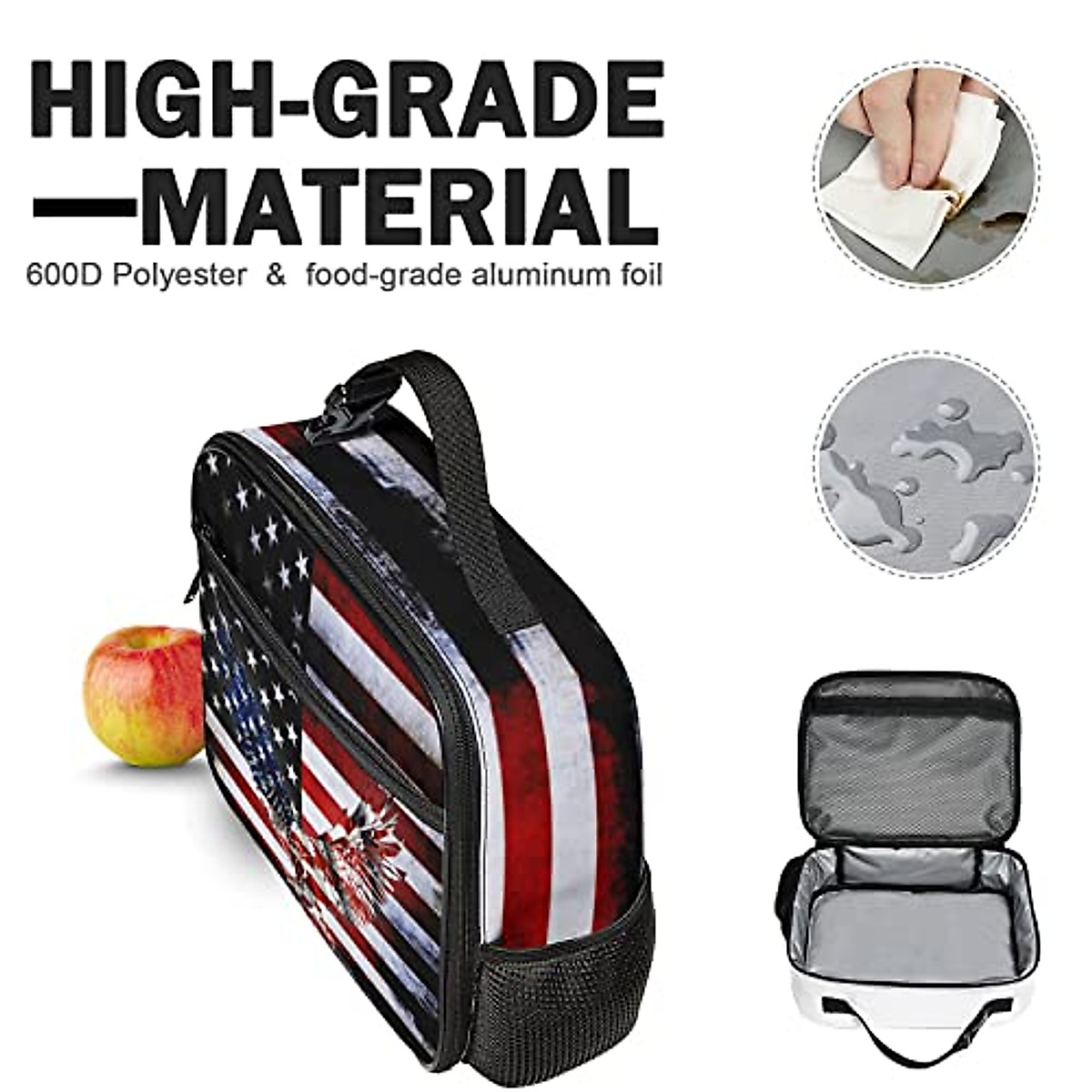 Black Eagle Insulation Lunch Bag with Locking Hand Strap Durable Waterproof Lunch Box High Capacity Lunch Tote Bag with Pockets for Boy Gir Women Men