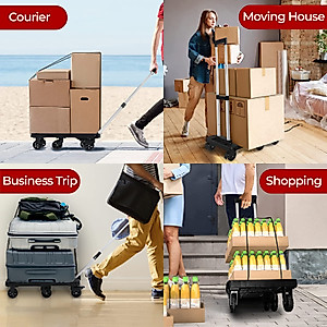 Subron Folding Hand Truck, 600lbs Foldable Heavy Duty Luggage Cart with 7 Tank Wheels, 3-Stage Retractable Portable Large Platform Utility Dolly Cart for Moving, Travel, Shopping, Office Use