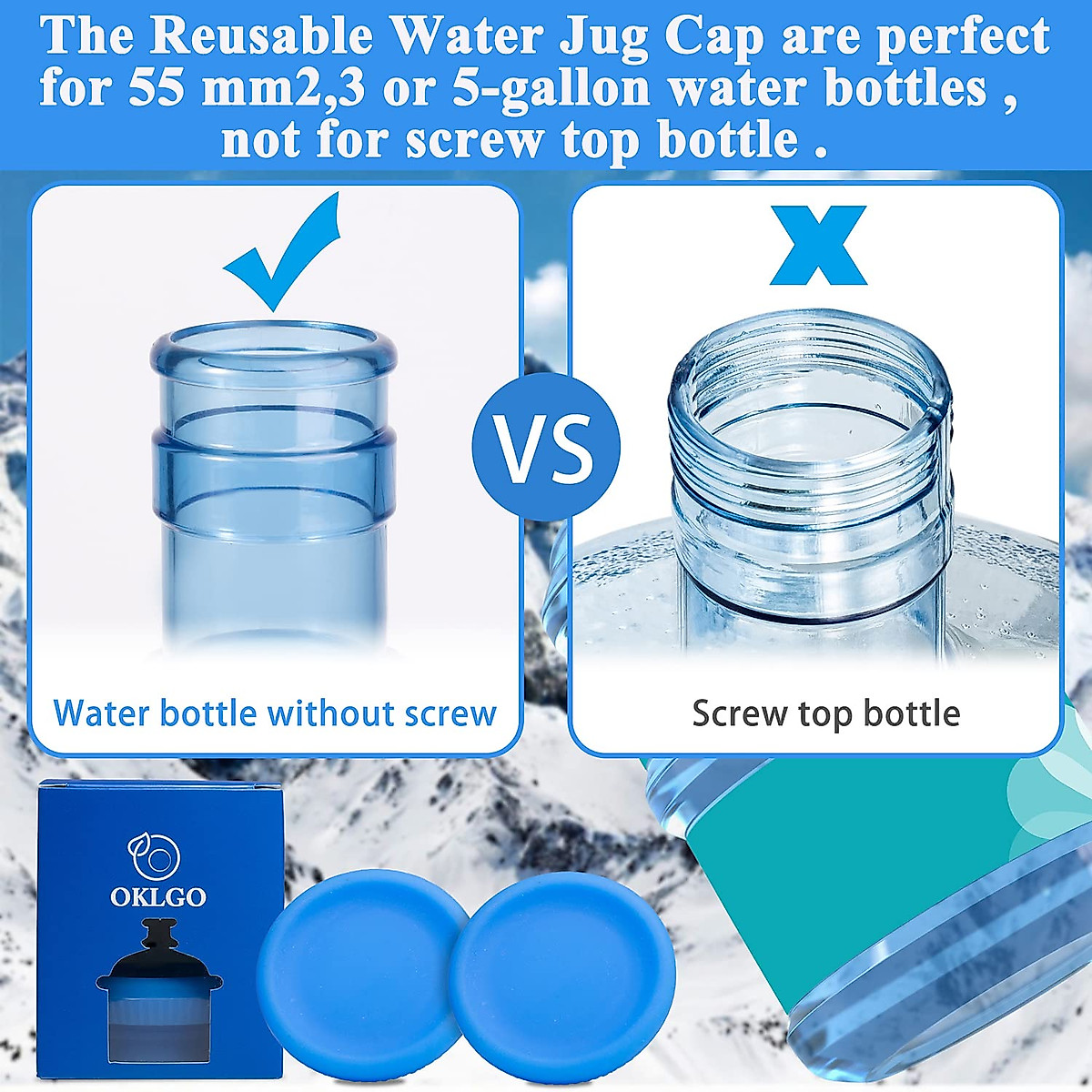 3 & 5 Gallon Water Jug Caps Reusable - Non-Spill 55mm Water Bottle Caps,Silicone Replacement Cap Lids Anti Splash 3 Pack，Leak Free