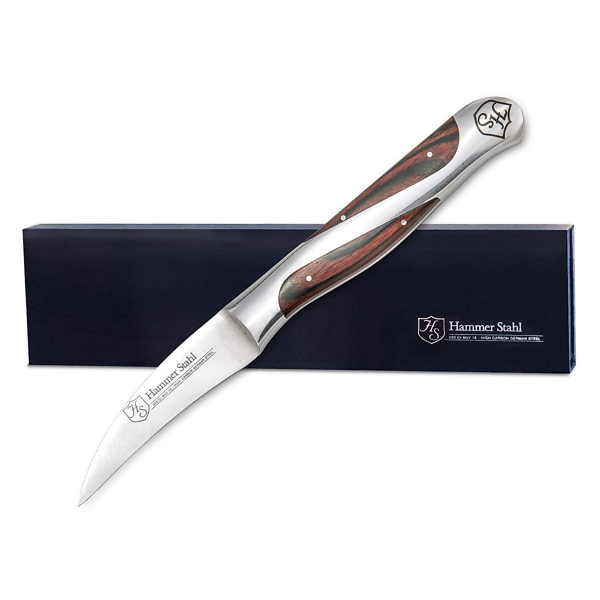 Hammer Stahl Bird's Beak Paring Knife - German High Carbon Steel - Sharp Small Kitchen Knife for Vegetables and Fruits - Ergonomic Quad-Tang Pakkawood Handle