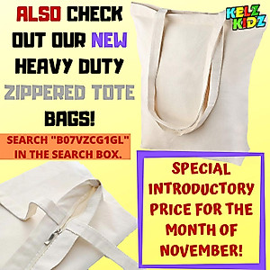 KELZ KIDZ Heavy Duty Large Canvas Tote Bags (6 Pack) with Bottom Gusset for Crafts, Shopping, Groceries, and More! (15x14x4 Inches) (6 Pack, Natural)