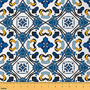 Erosebridal European Fabric by The Yard, Boho Floral Upholstery Fabric, Retro Ceramic Classic Tilework Style Decorative Fabric for Upholstery and Home Accents, Azure Blue, 1 Yard