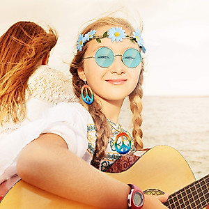 Frienda 24 Pieces Hippie Costume Accessories 60s 70s Party Decorations Hippie Set Includes Peace Sign Necklaces Daisy Sunflower Headbands Retro Sunglasses for Birthday Halloween Party Supplies