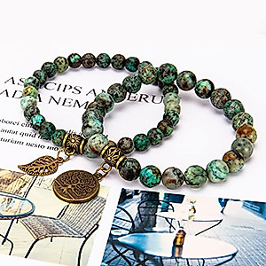 Natural Semi Precious Gemstone Beads Bracelet for Women - Tree of Life and Leaf Charm Chakra Energy Healing Anxiety Stretch Bracelets(African Turquoise)