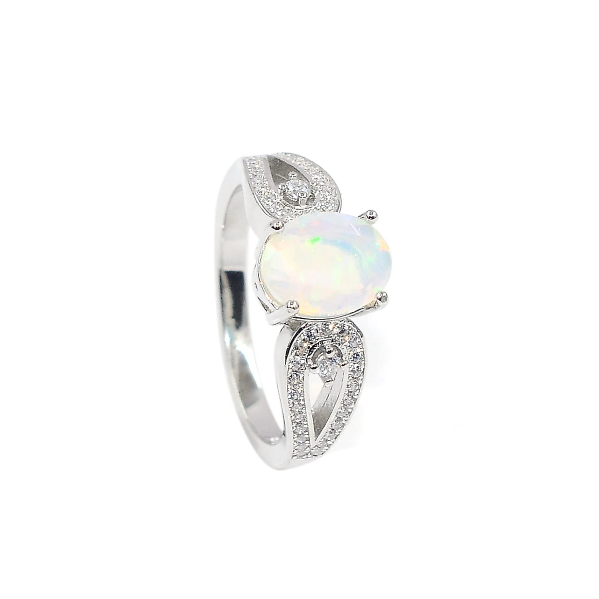 925 Sterling Silver Natural Ethiopian Welo Cut Opal 9X7 MM Oval October Birthstone Solitaire Unisex Proposal Ring For Engagement Gift (Rhodium Plated Silver, 7.5)