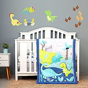 Baby Bees 4 Pieces Cartoon Dinosaurs Crib Bedding Sets for Boys and Girls | Baby Bedding Crib Set of Crib Fitted Sheet, Quilt, Dust Ruffle & Pillow Cover for Standard Size Crib,Blue