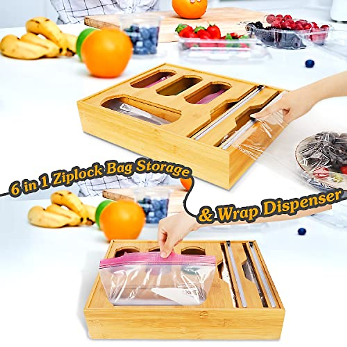 FuBegi Ziplock Bag Storage Organizer and Plastic Wrap Stretch Film Dispenser with Cutter, 6 In 1 Bamboo Ziplock Bag Organizer for Gallon, Quart, Sandwich, Snack Kitchen Drawer Organizer